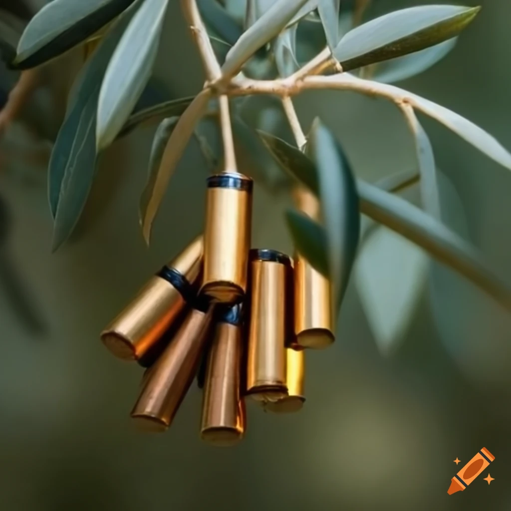 Artistic representation of an olive tree with bullet branches on Craiyon