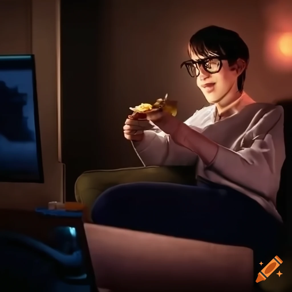 Realistic depiction of a young man enjoying anime and coding on Craiyon