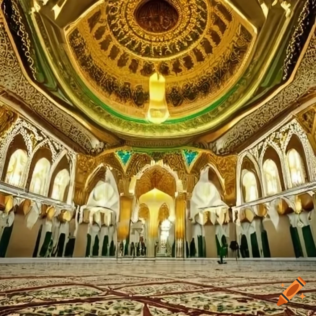 Interior of a grand mosque with green and gold decor on Craiyon