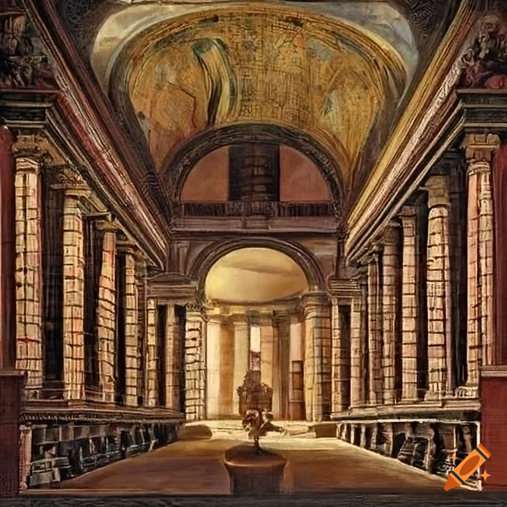 Drawing of an opulent library interior on Craiyon