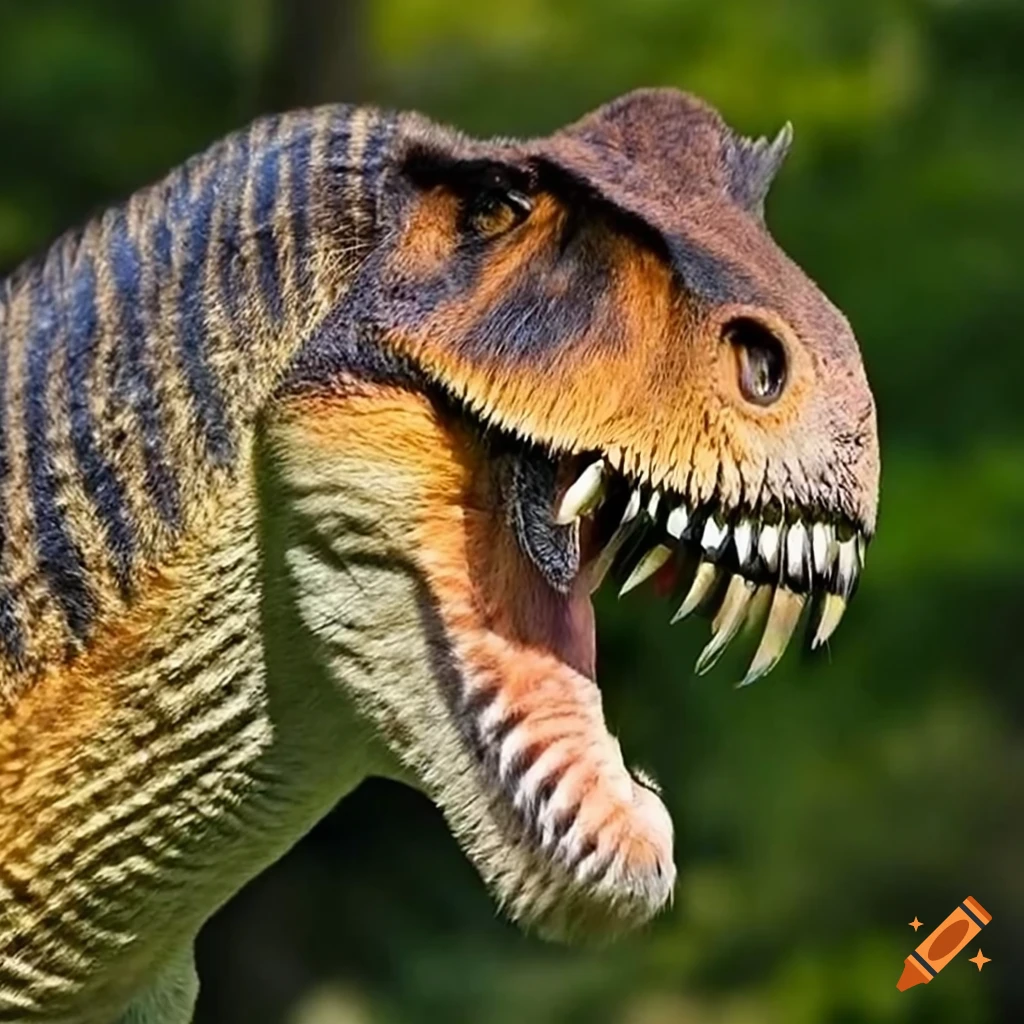 Digital artwork of a determined t-rex and fox hybrid on Craiyon