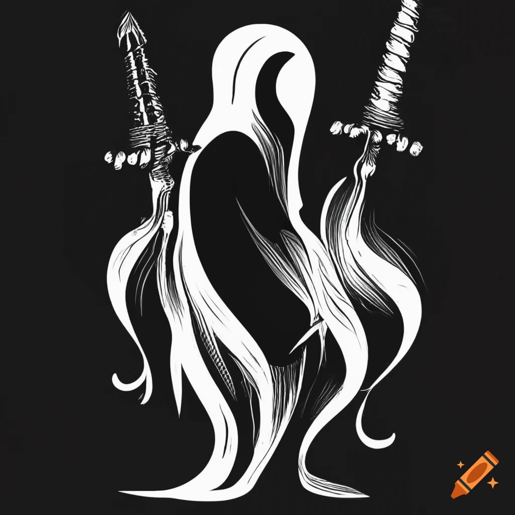 Black and white line work of a ghost with metal swords