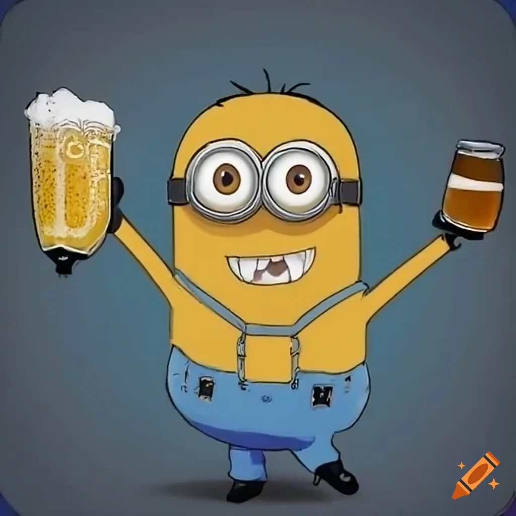 Cartoon minion playing uno and enjoying a drink on Craiyon