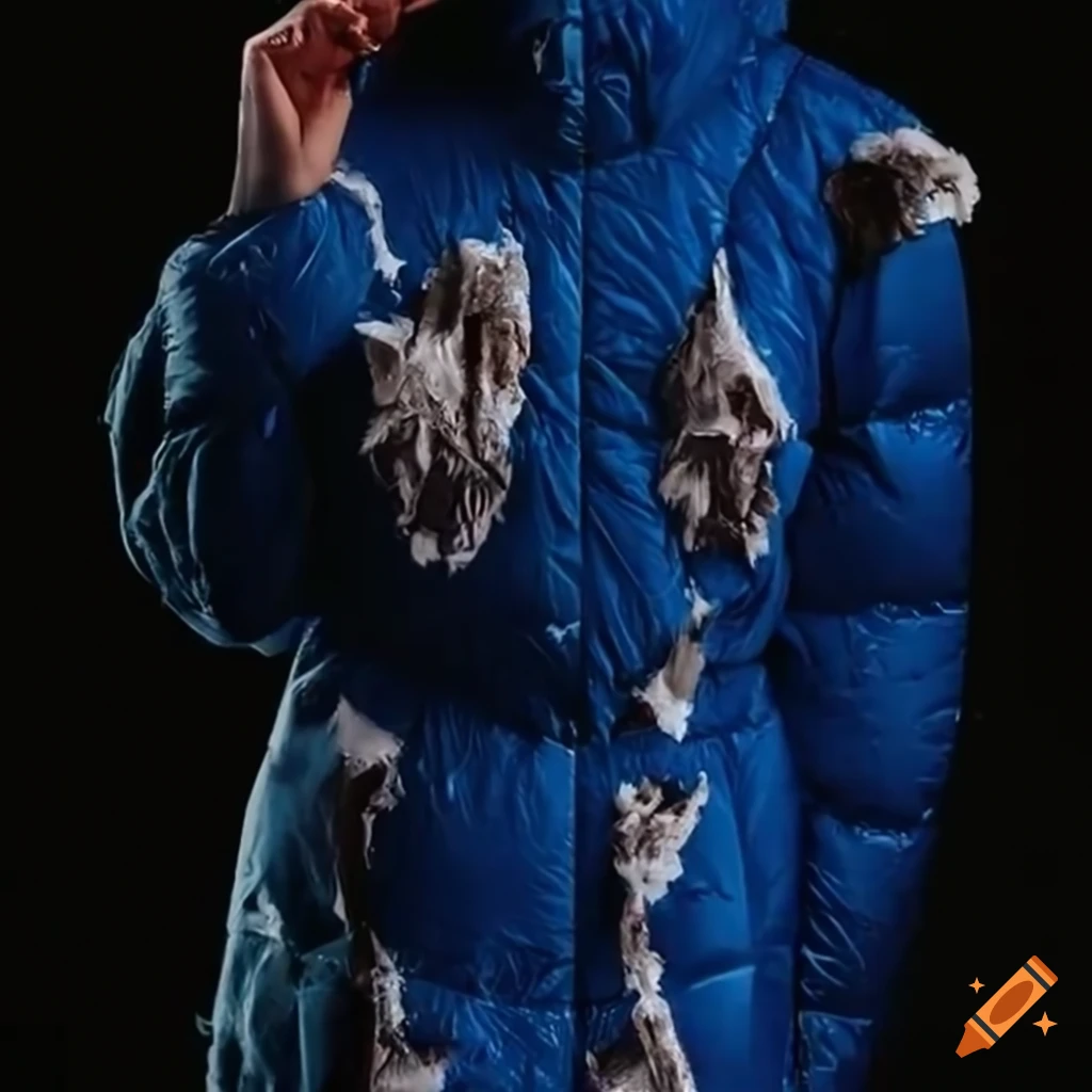Woman wearing a torn blue Super-Puff jacket with Halloween theme on Craiyon