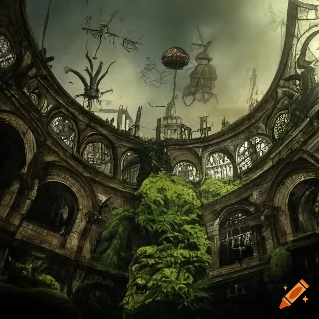 Panoramic View Of A Steampunk City Covered In Jungle On Craiyon