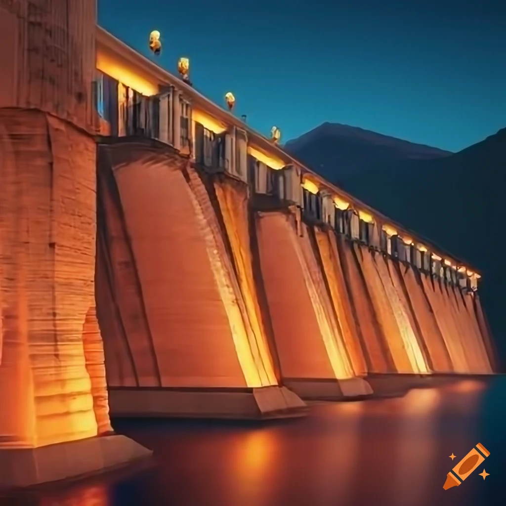 Night view of a grand dam under moonlight on Craiyon