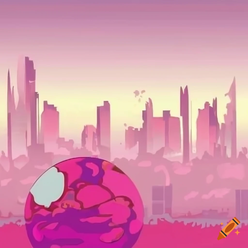 Pink orb with ruined city in the background