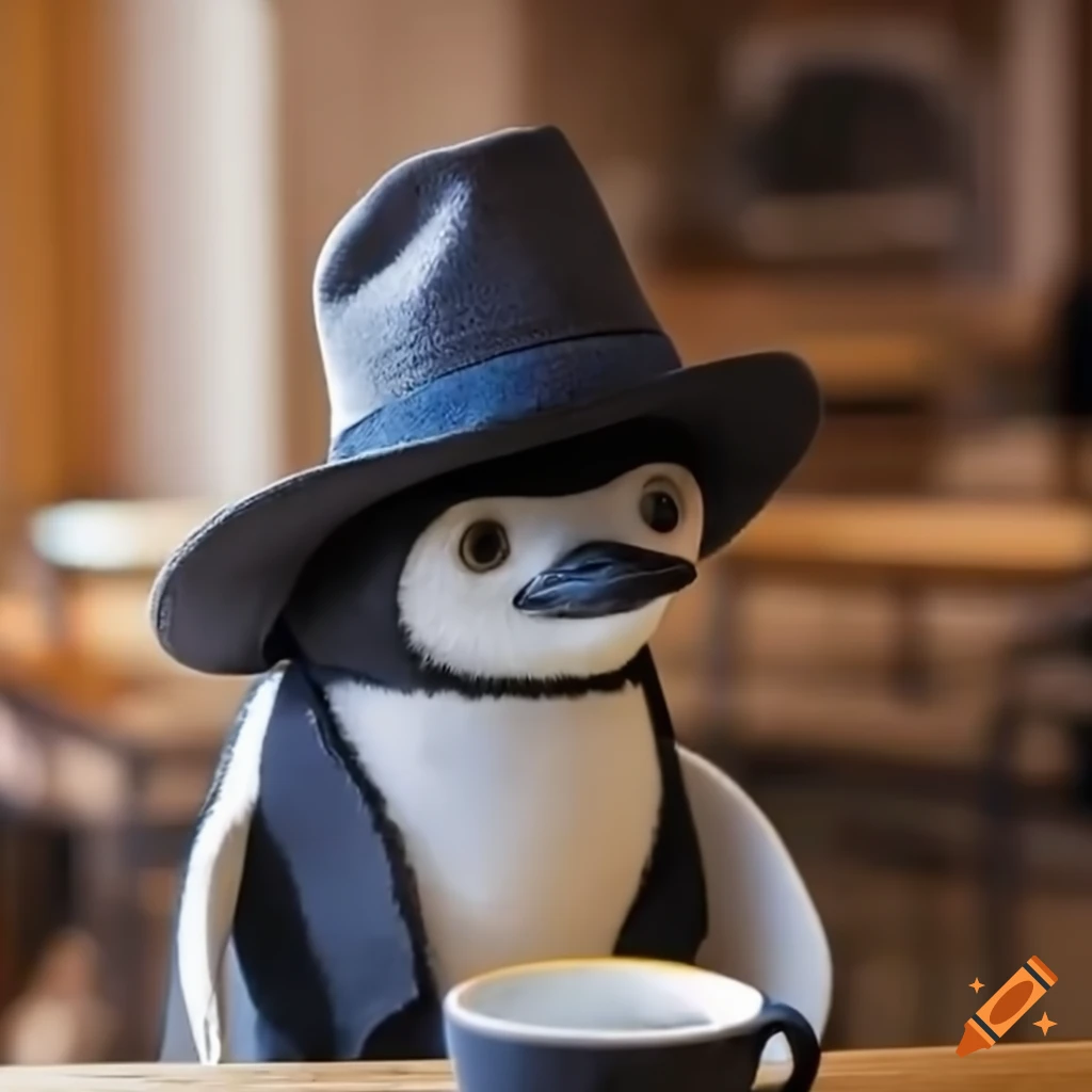 Illustration of a penguin enjoying coffee at a café on Craiyon