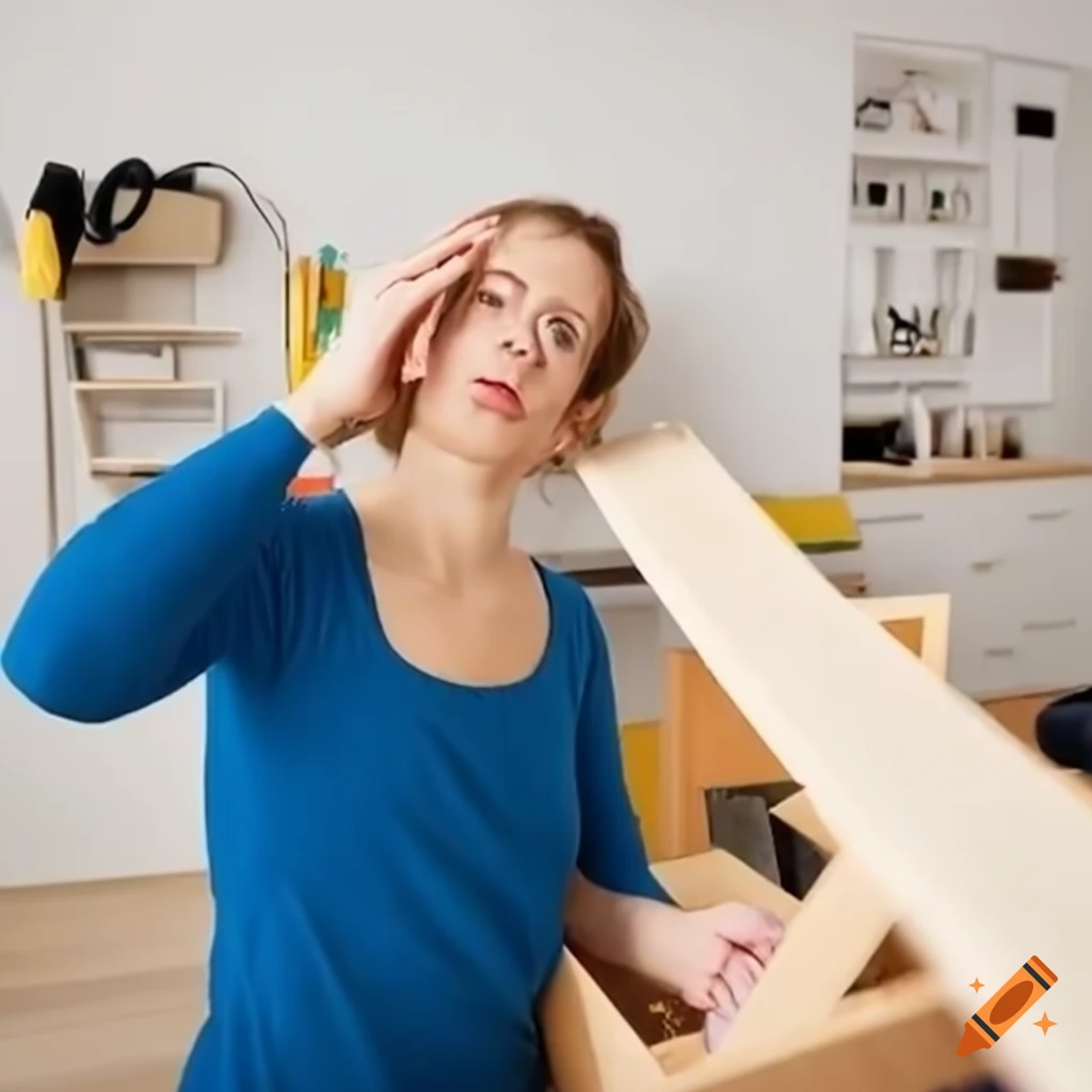 Woman struggling to assemble ikea furniture