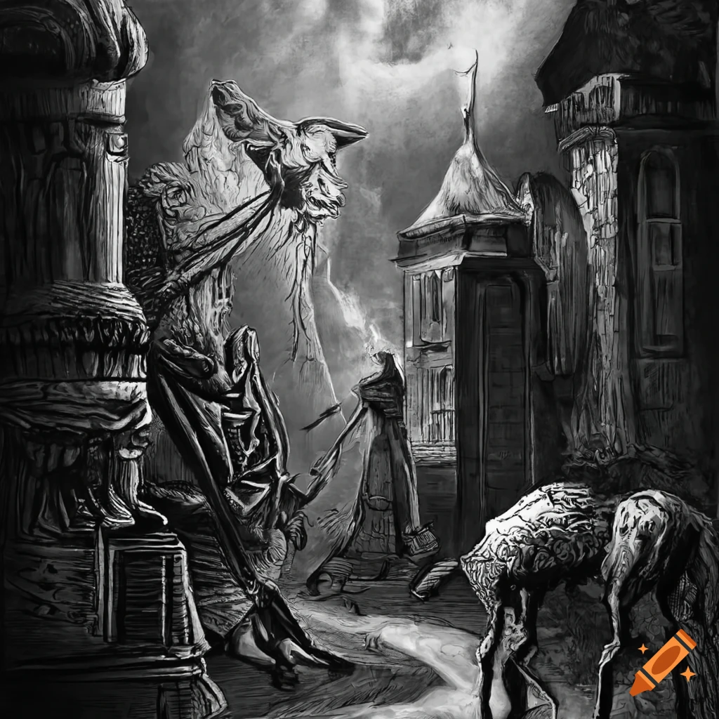 Detailed black and white drawing of a dark ages scene on Craiyon