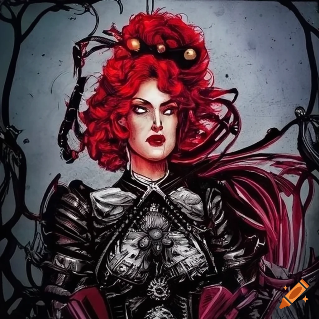 Detailed pencil illustration of a femme fatale in a horror comic on Craiyon