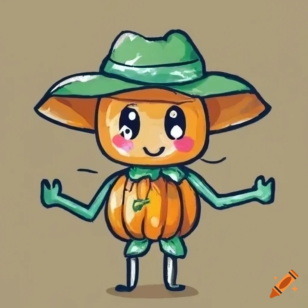 Cute pumpkin character wearing farmer's outfit on Craiyon