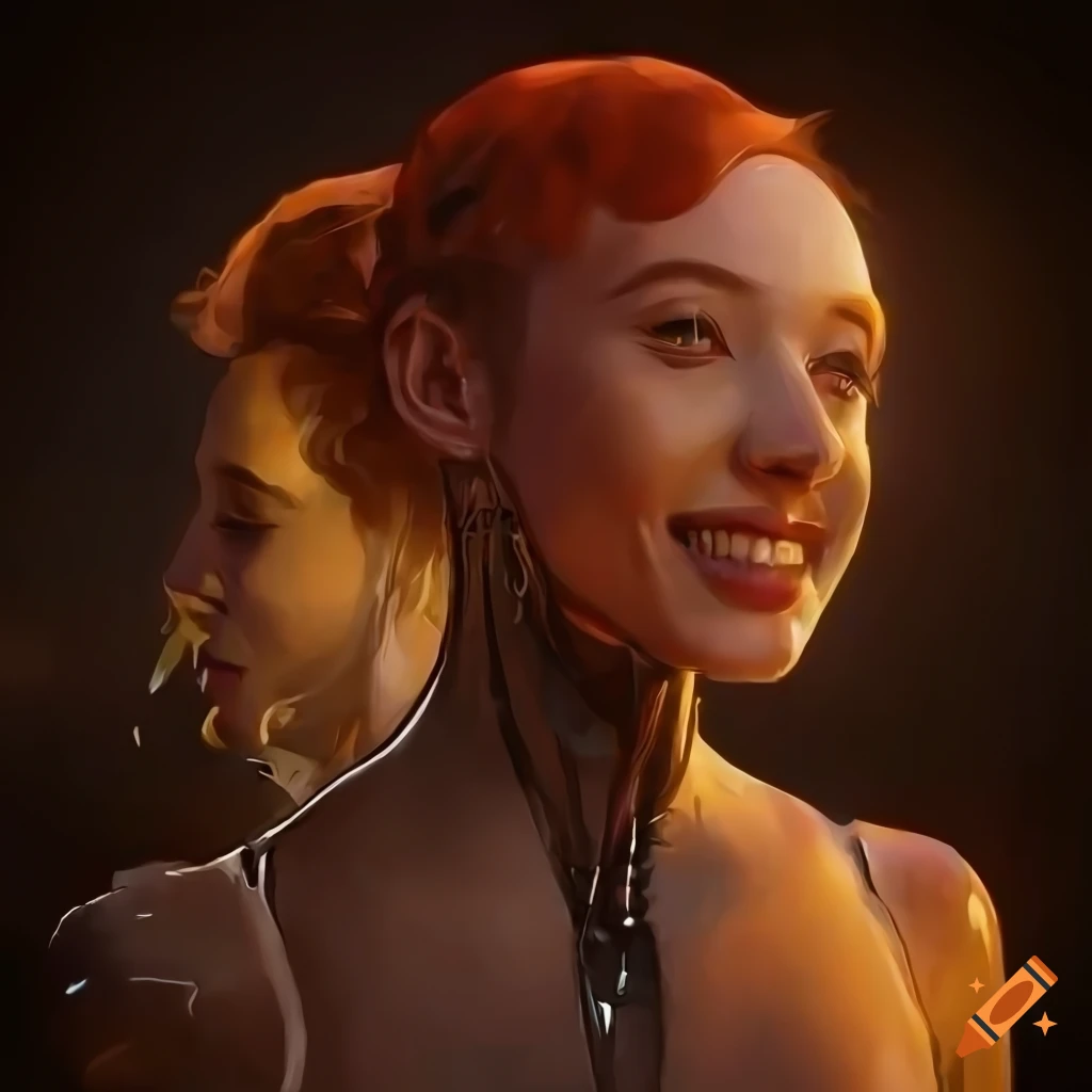 Detailed concept art of a cyborg and a human smiling together on Craiyon