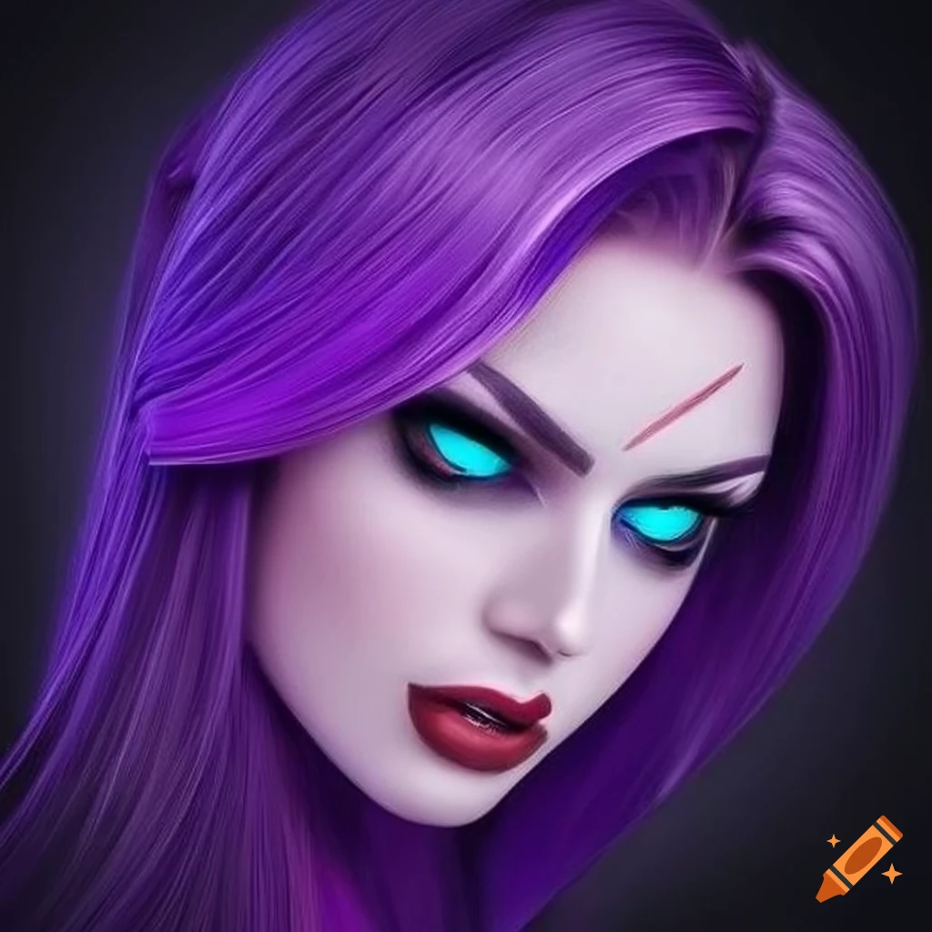 Photorealistic image of a purple-haired vampire with glowing eyes on ...