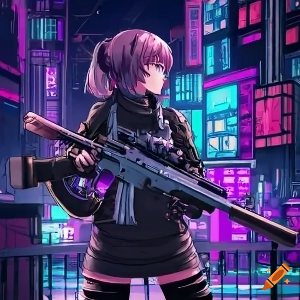 Anime character building a futuristic sniper rifle in a cyberpunk city ...