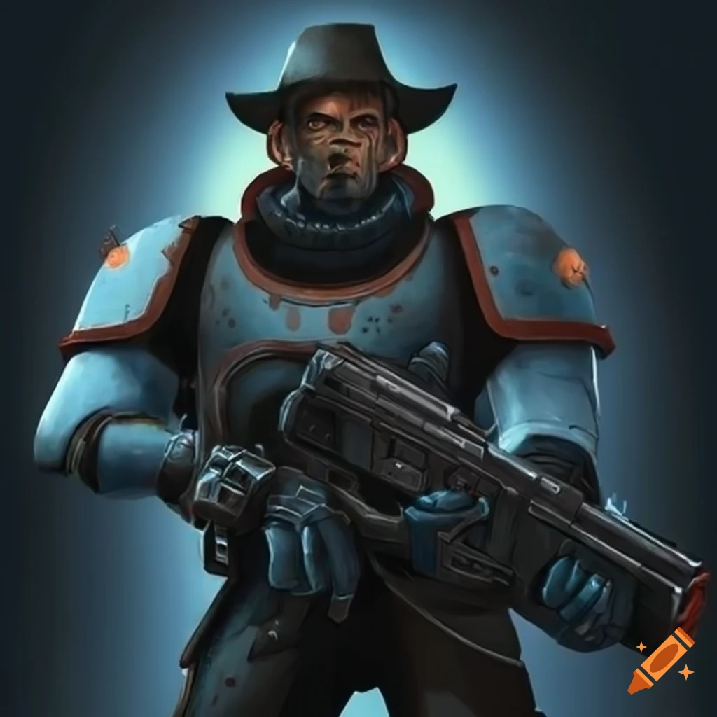 Futuristic cowboy space marine holding a revolver on Craiyon