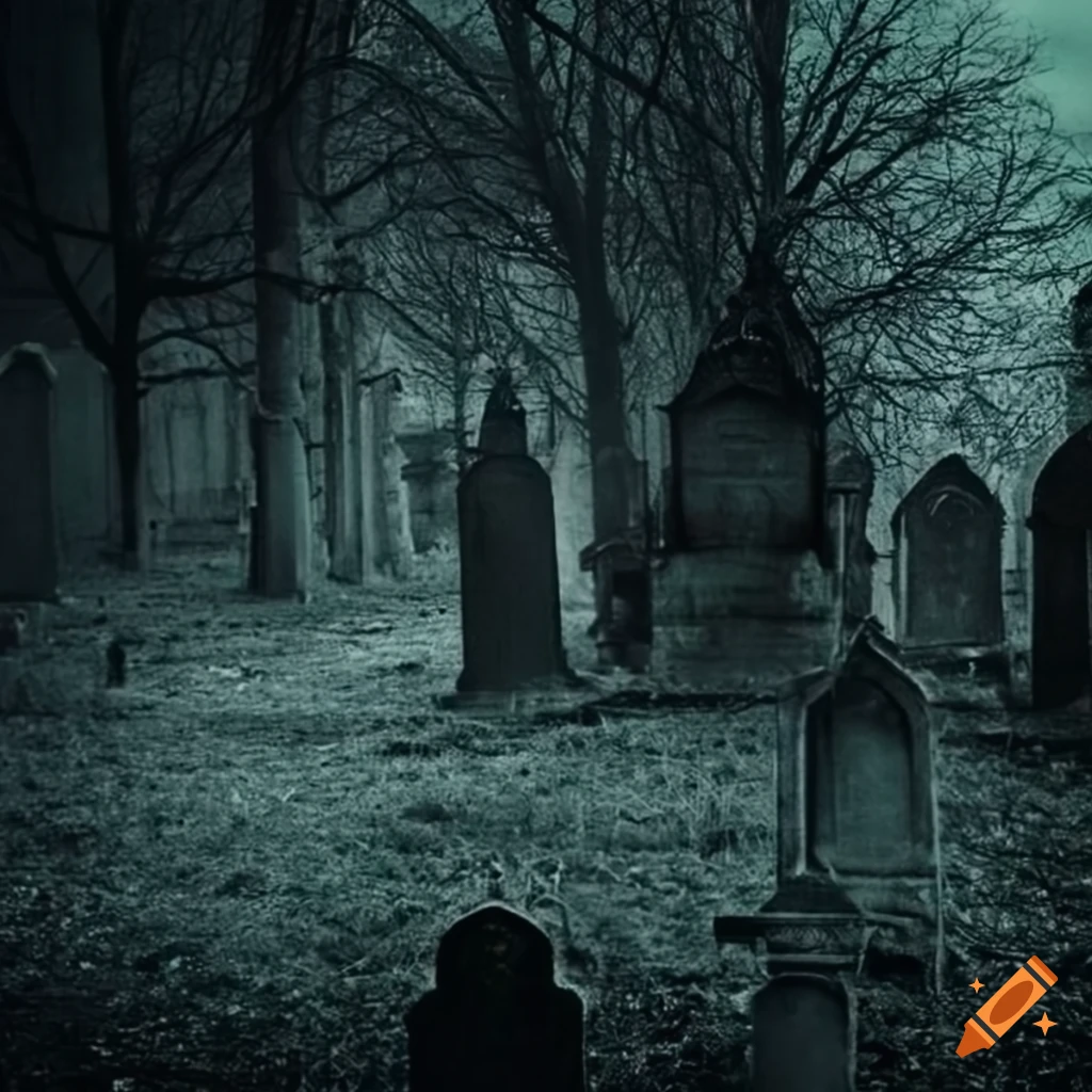 Cartoon depiction of a graveyard on Craiyon