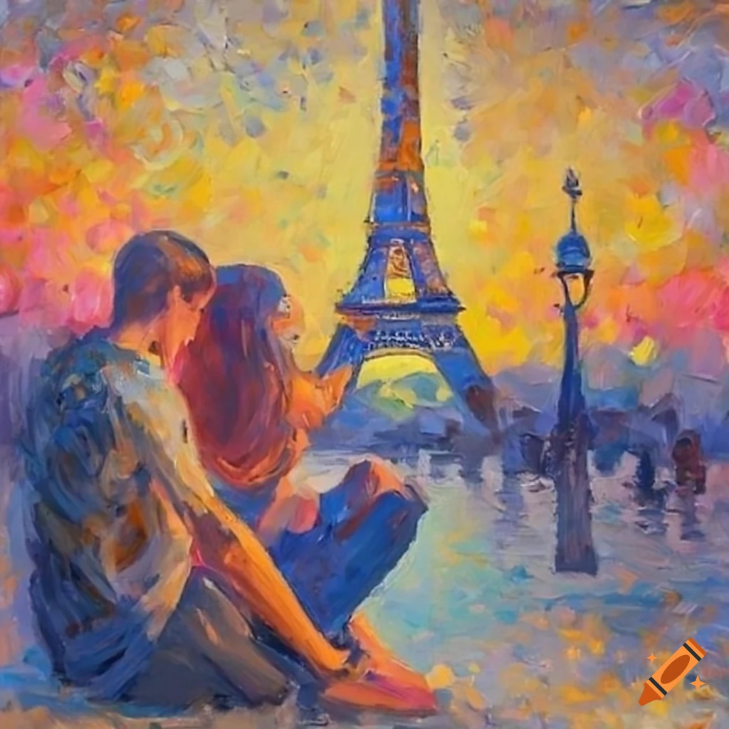 Impressionist painting of young couple near eiffel tower on Craiyon