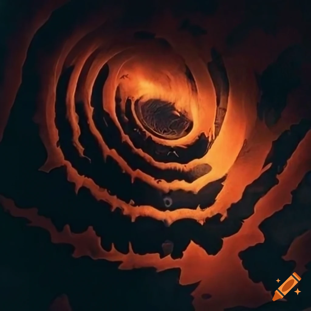Dark creepy cave with lava and carved faces in crimson light on Craiyon