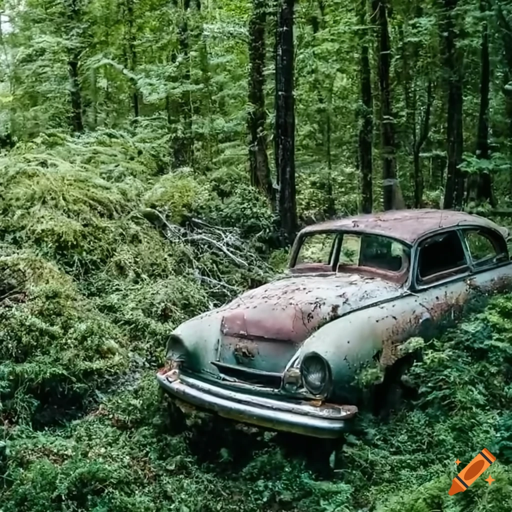 Post-apocalyptic photography of an abandoned car with moss and ...