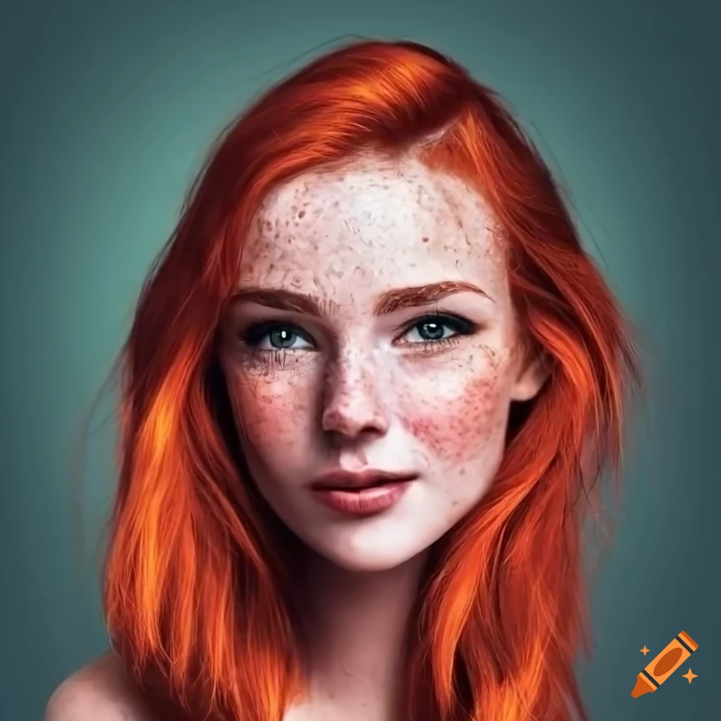 Beautiful young woman with freckles, red hair, and green eyes in high-resolution 8k portrait on ...
