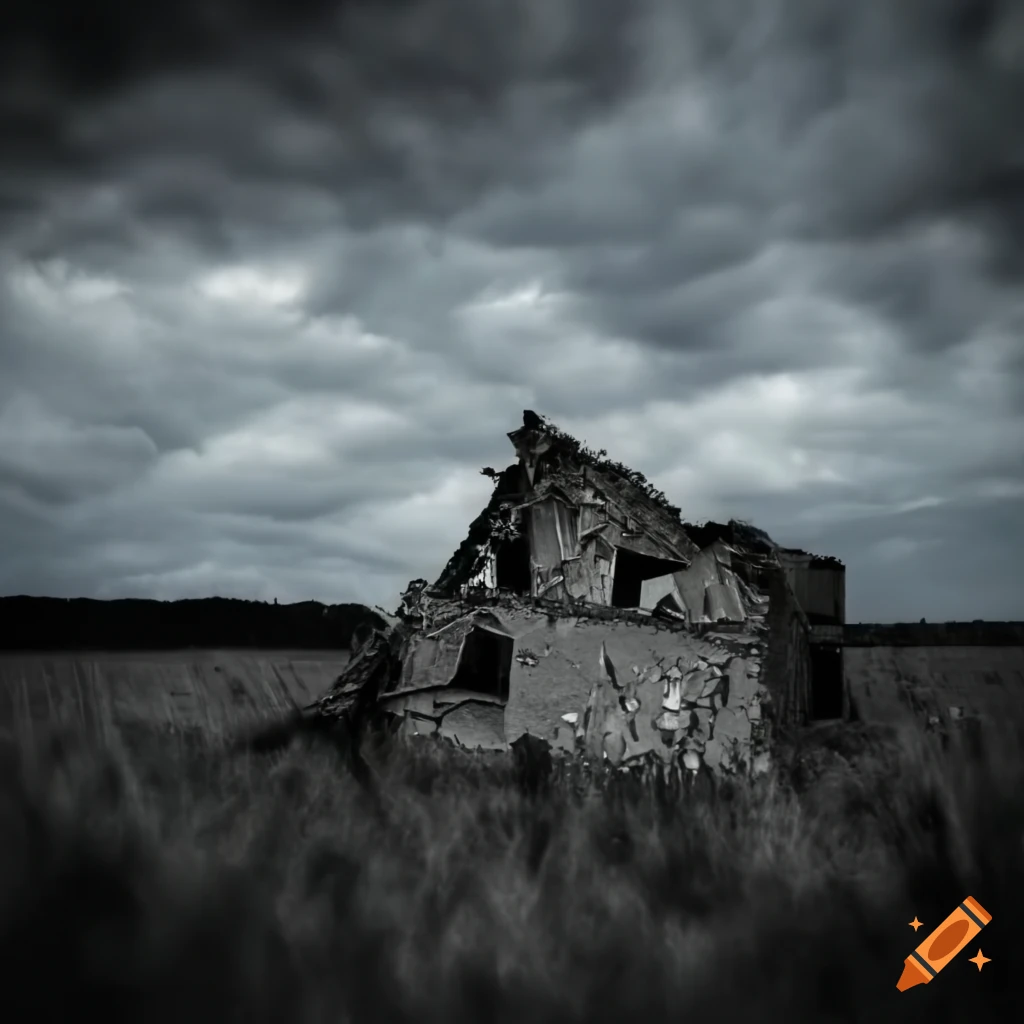 Ruined building in a field with a gap in the sky on Craiyon