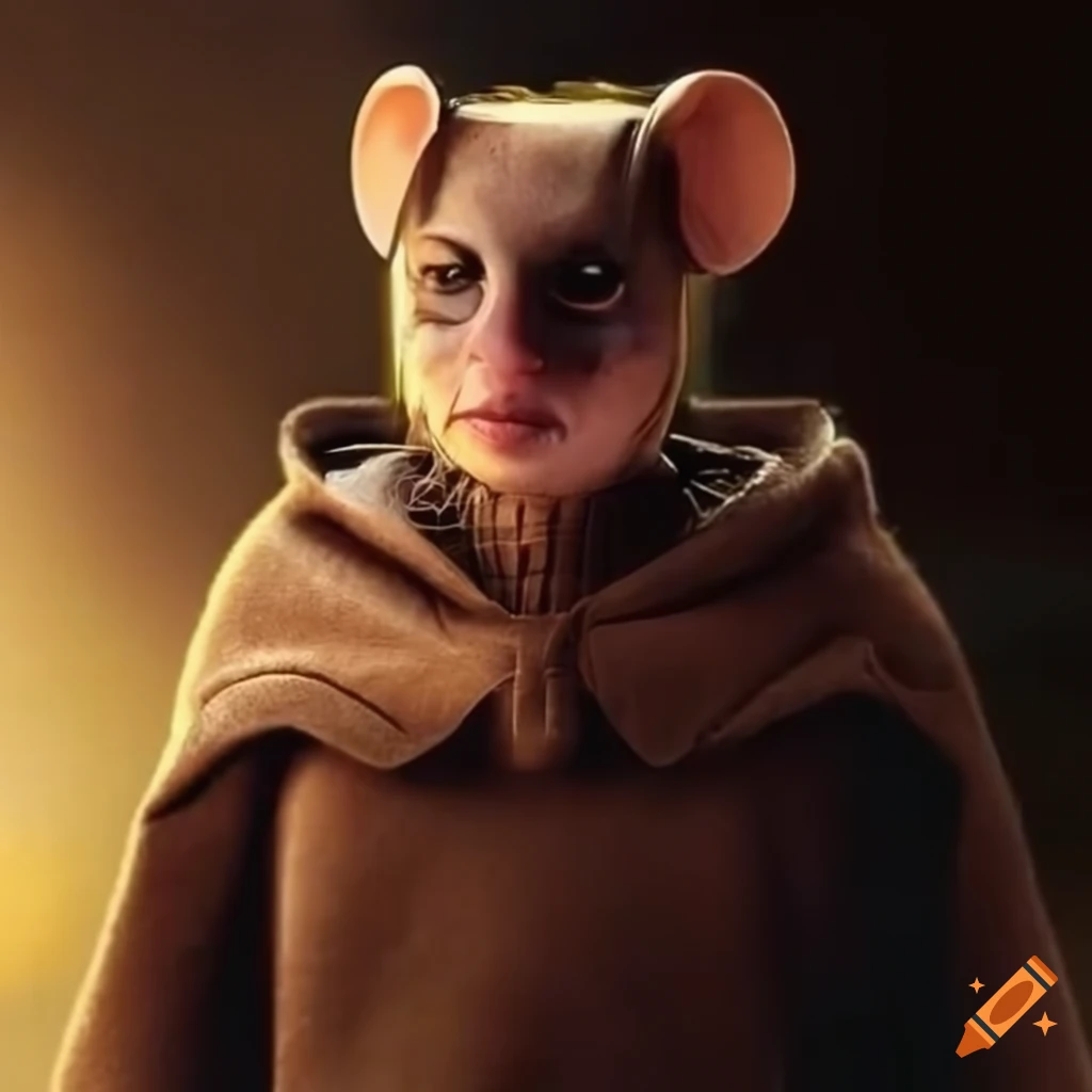 Illustration of a monk with a mouse face and batman hood on Craiyon