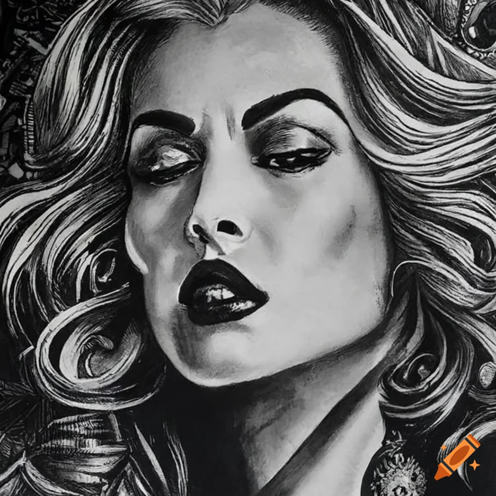 Intricate pencil illustration of a femme fatale in horror comic on Craiyon