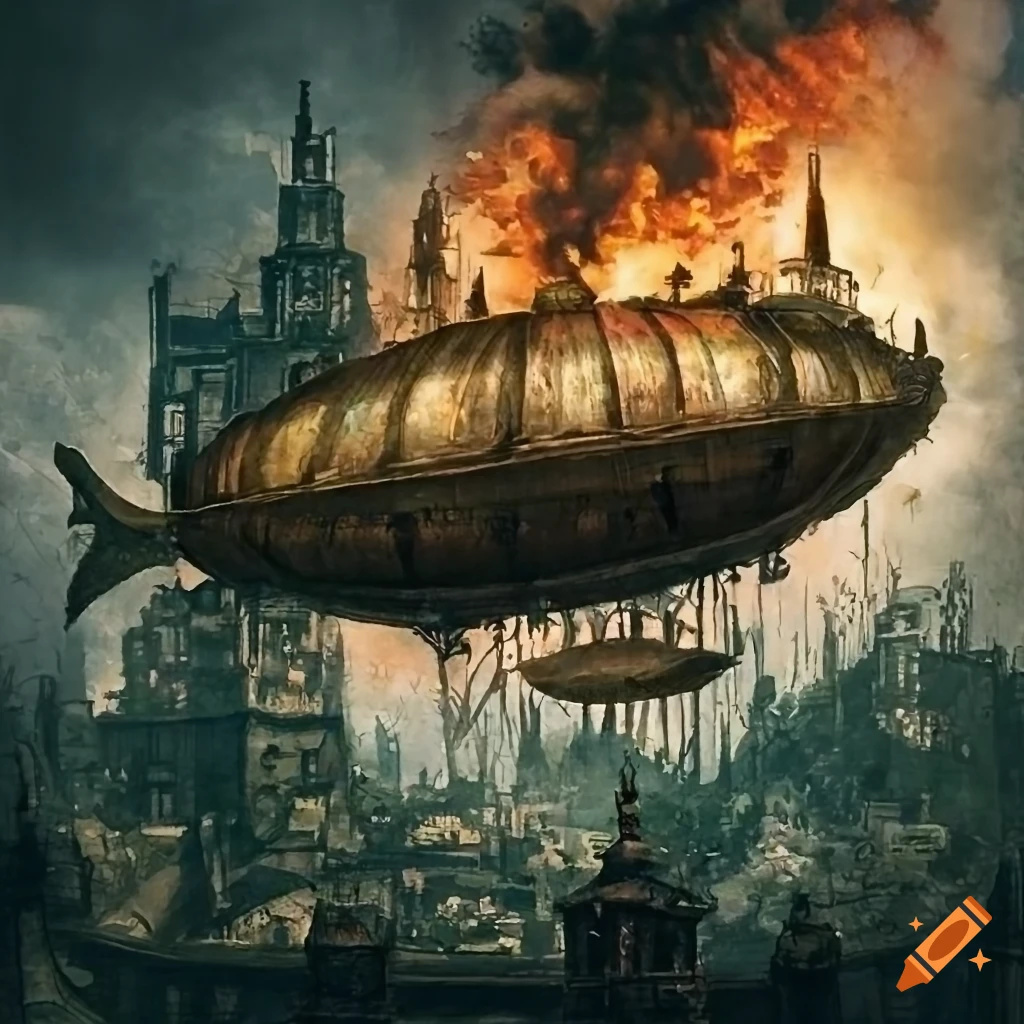 Airship on fire over a city consumed by nature on Craiyon