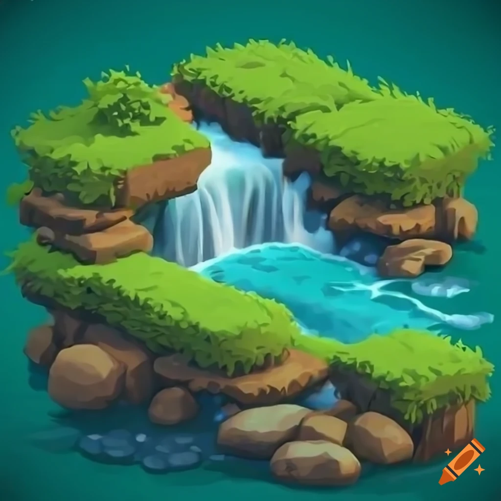 Isometric top-down view of a waterfall in a video game style on Craiyon