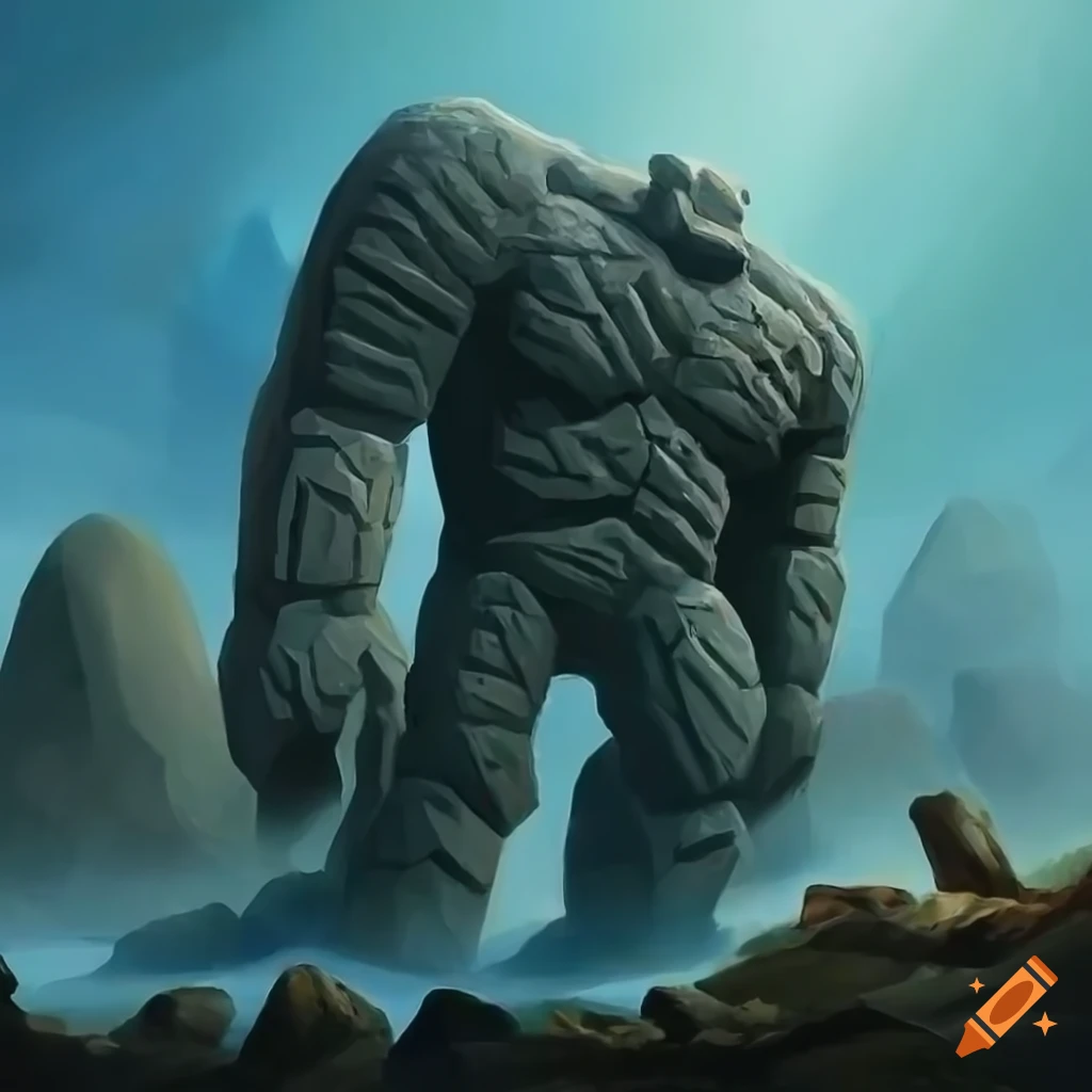 Oil painting of a crystal-covered stone golem