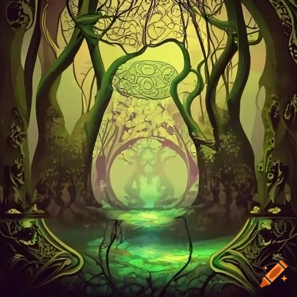Art nouveau style illustration of a magical forest with alien ...