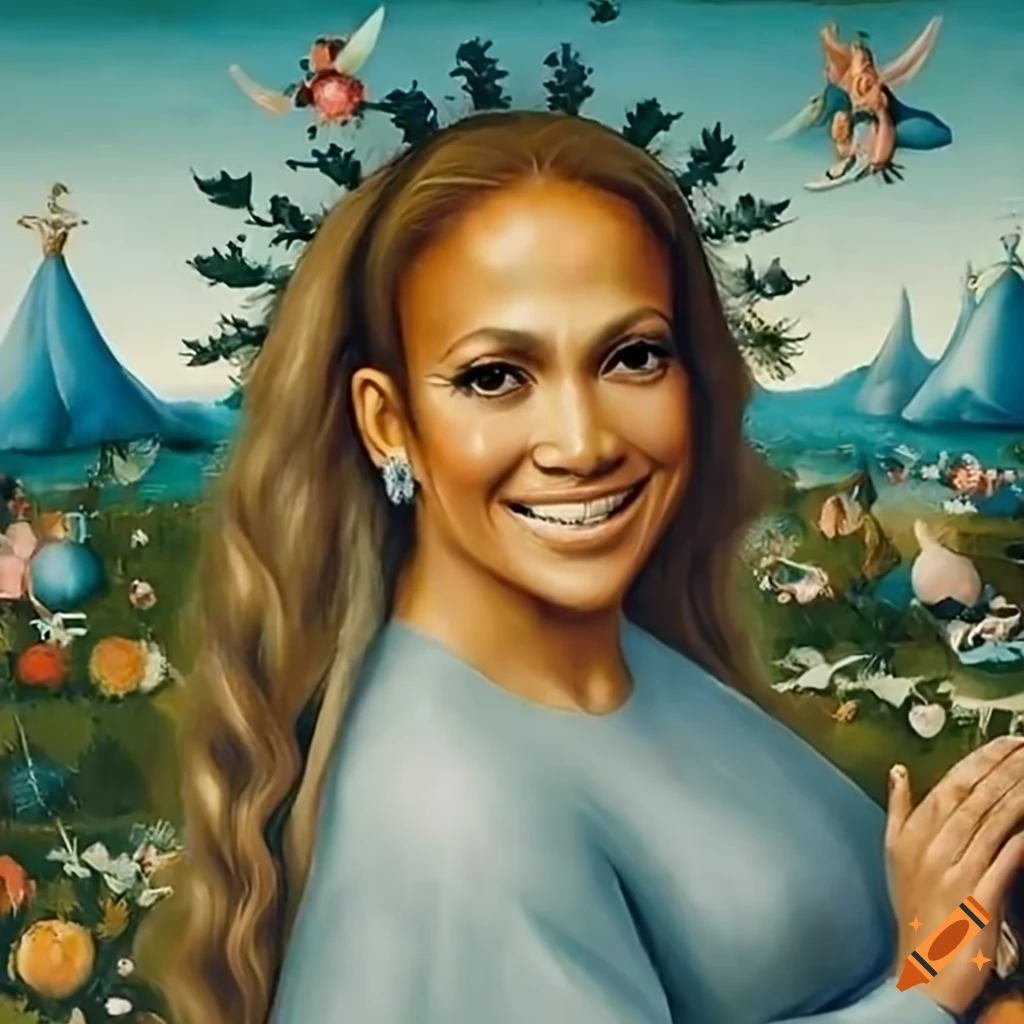 Painting of smiling jennifer lopez in a flower garden