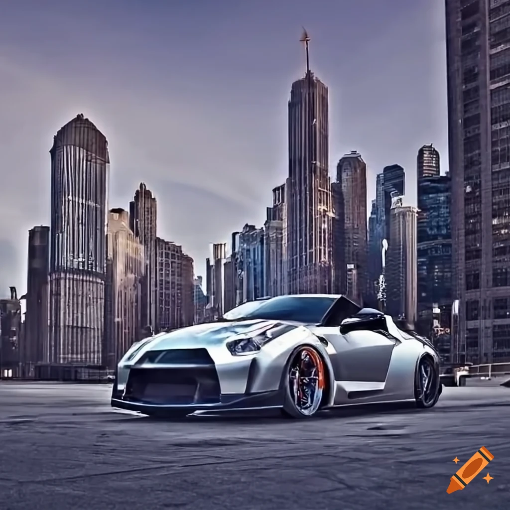 Silver R35 GTR with Chicago skyline on Craiyon