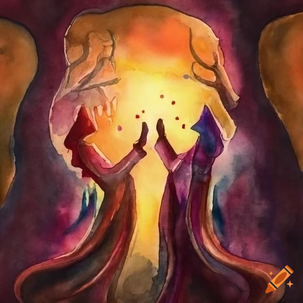 Watercolor painting of wizards holding hands on Craiyon