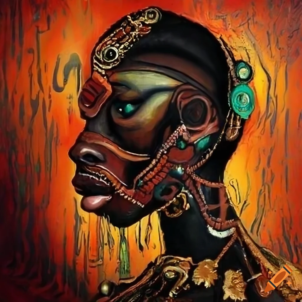 Surreal painting of an African cyborg tribe in gold and black on Craiyon