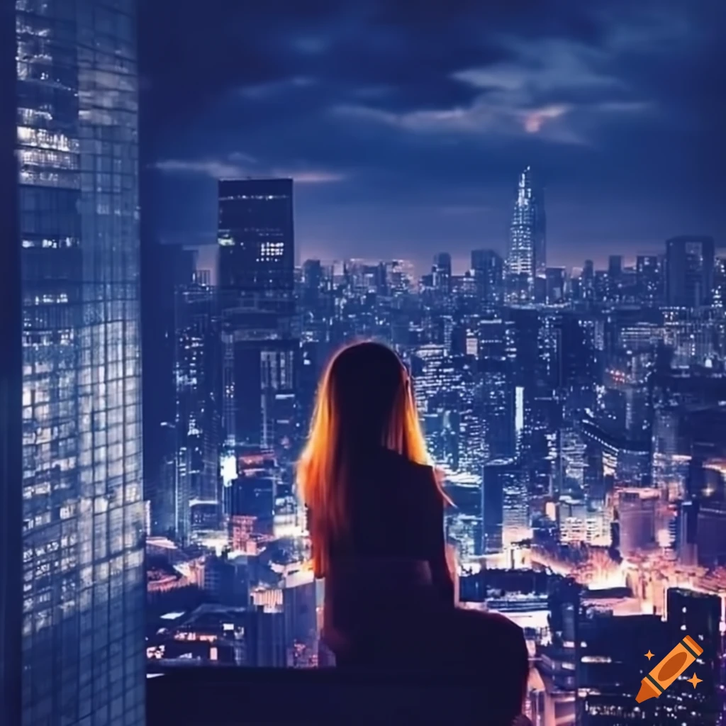 Couple by panoramic window overlooking city lights, sky with planes ...