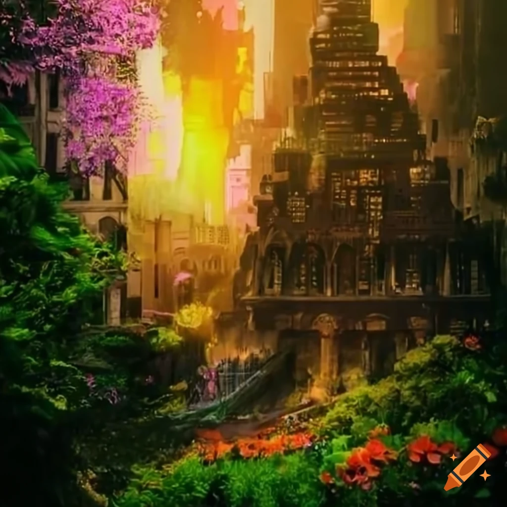 A vibrant city with beautiful flowers and flora on Craiyon