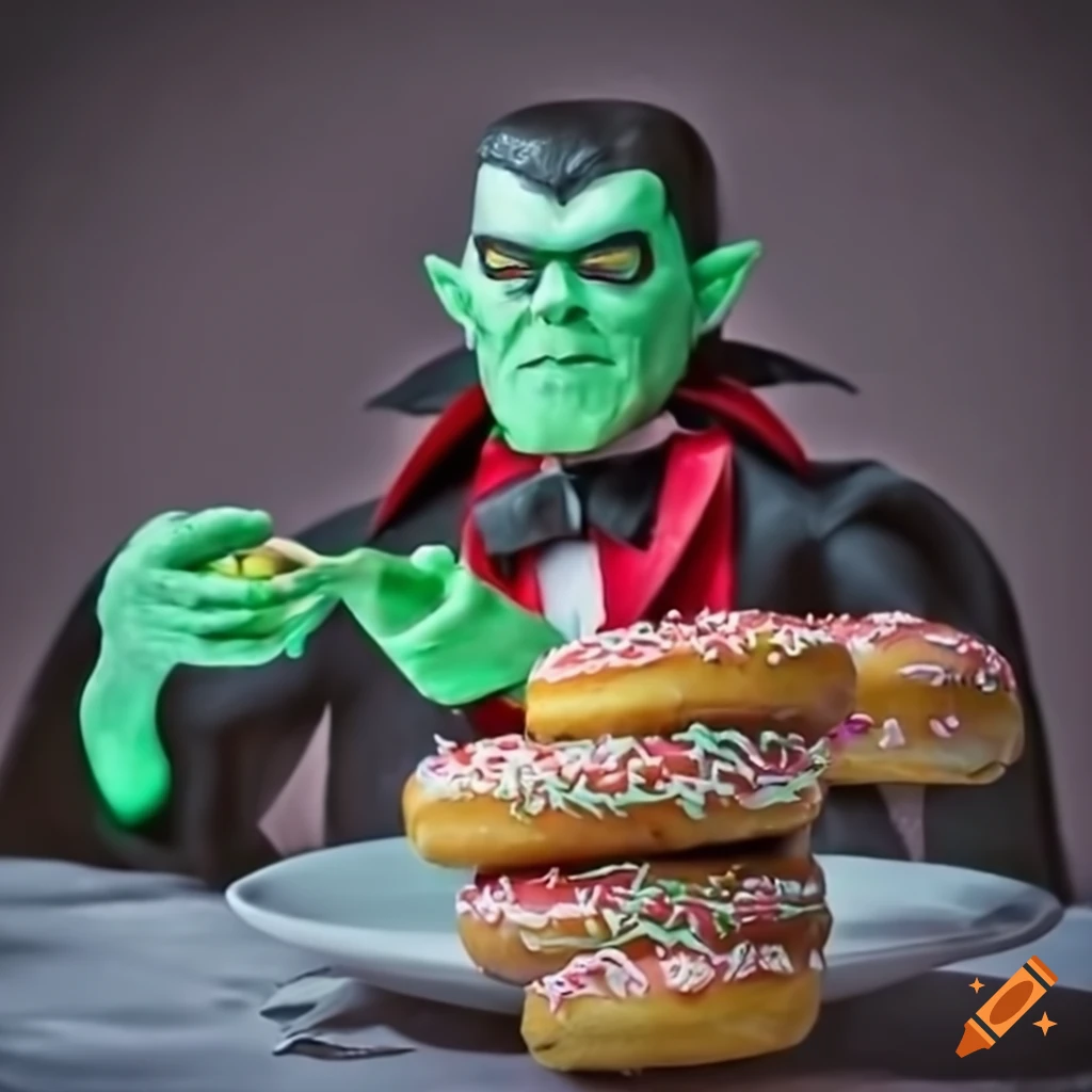 Claymation of Dracula and Frankenstein having a donut feast on Craiyon