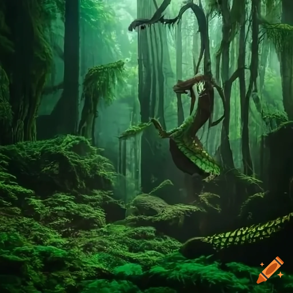 Illustration of dragons flying over a secret village in the forest on ...