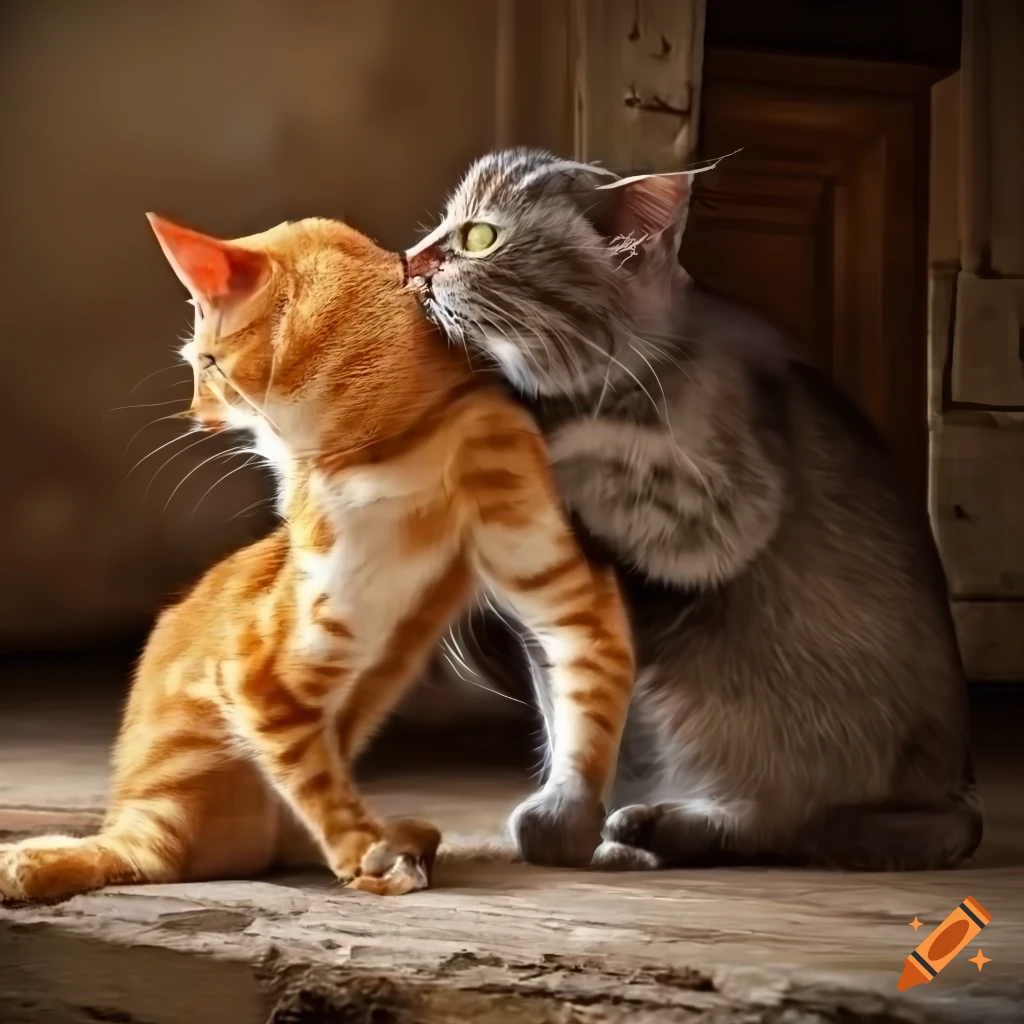 Two cats engaged in a playful scuffle on Craiyon