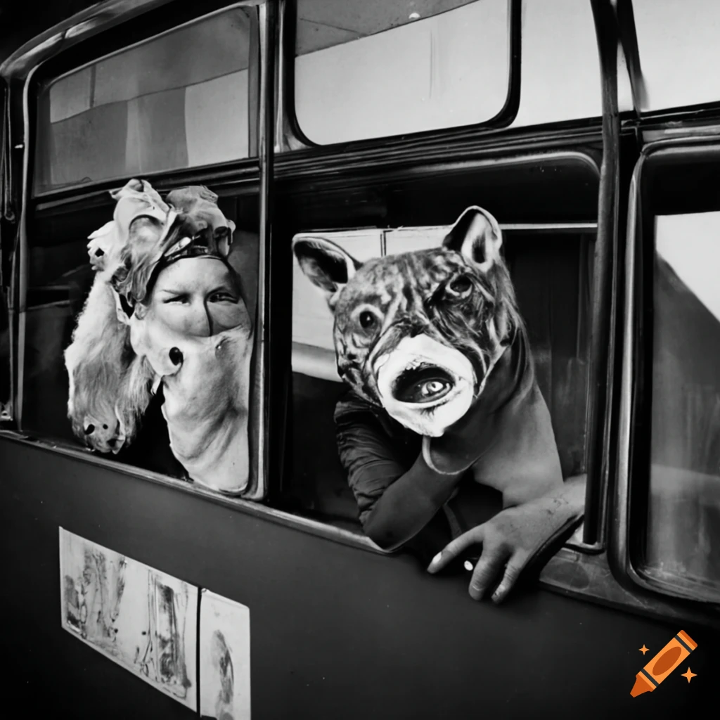 Photograph of people wearing animal masks on a bus