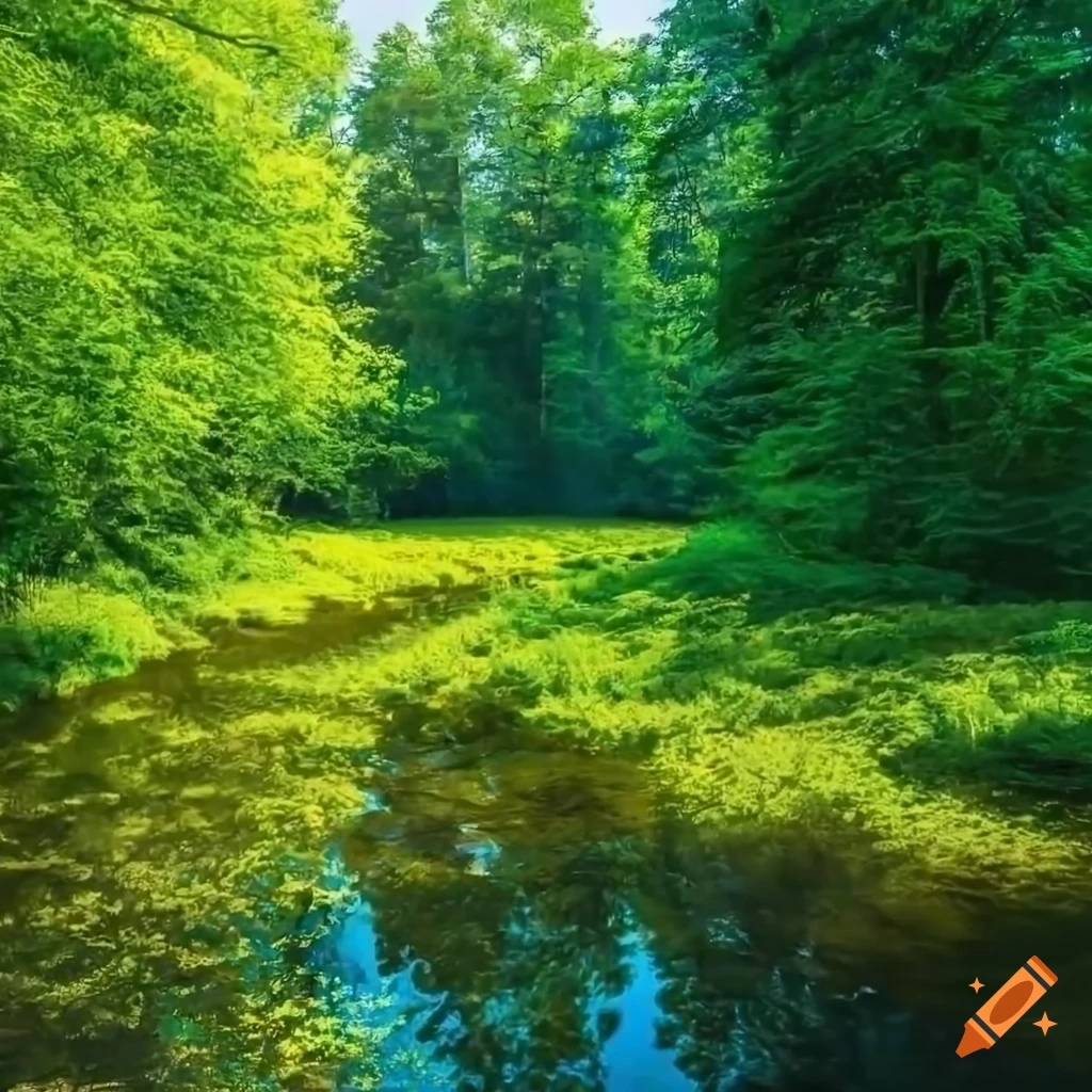 View of a lush green forest from a beautiful garden on Craiyon