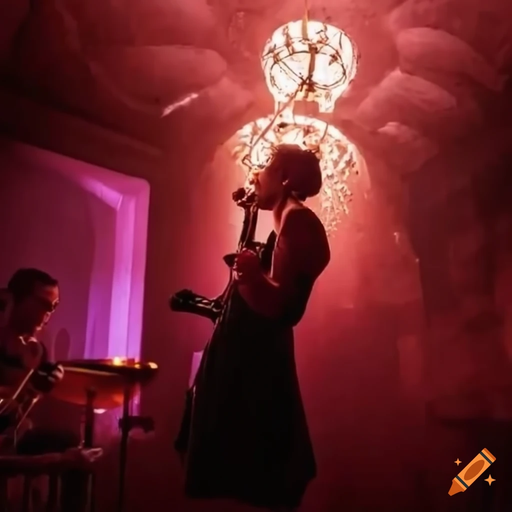 Live jazz performance in a club with chandelier