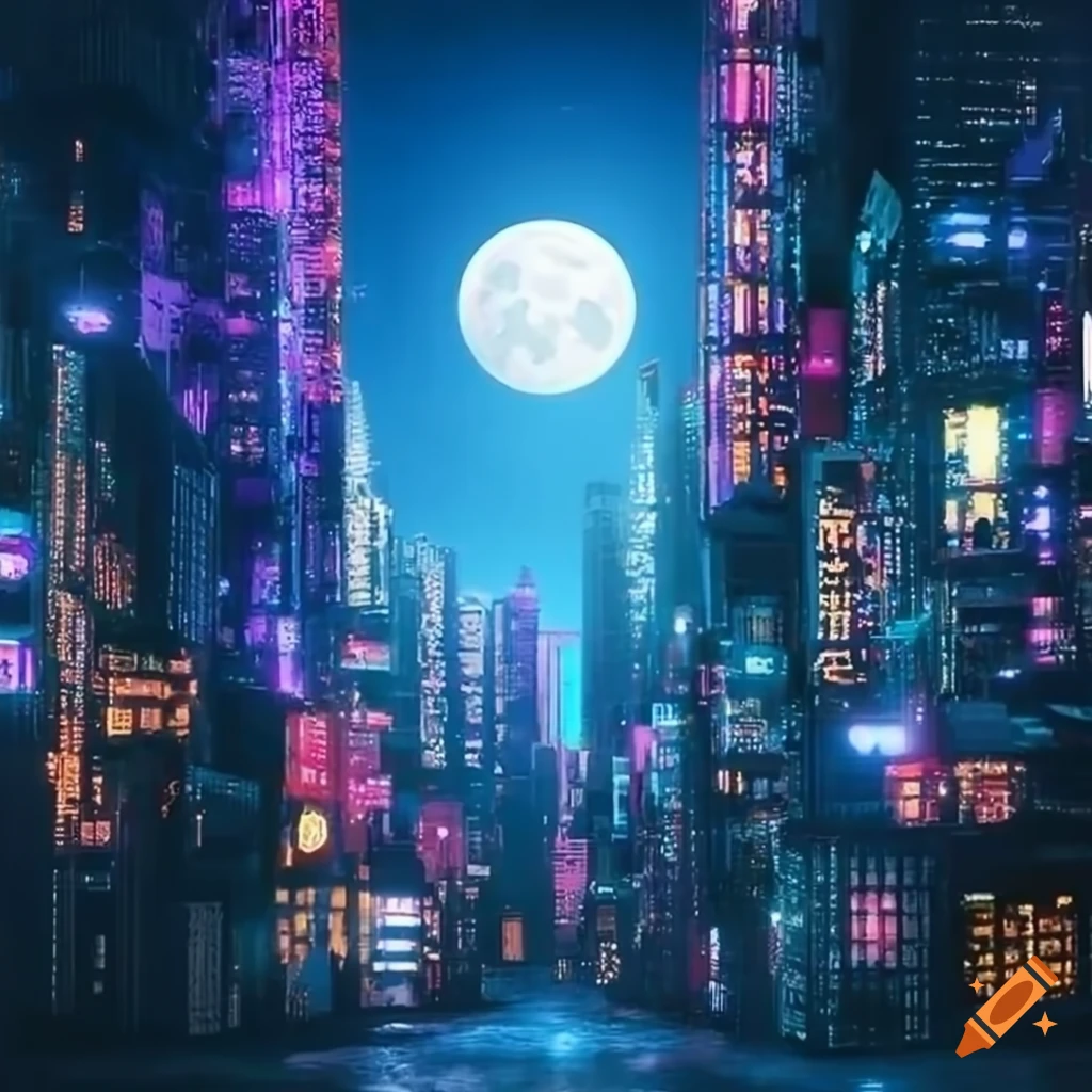 Cyberpunk cityscape with neon lights and a giant moon on Craiyon