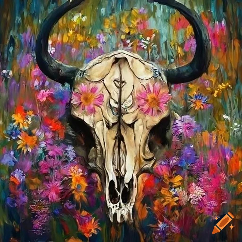 Yak skull with vibrant wildflowers painting on Craiyon