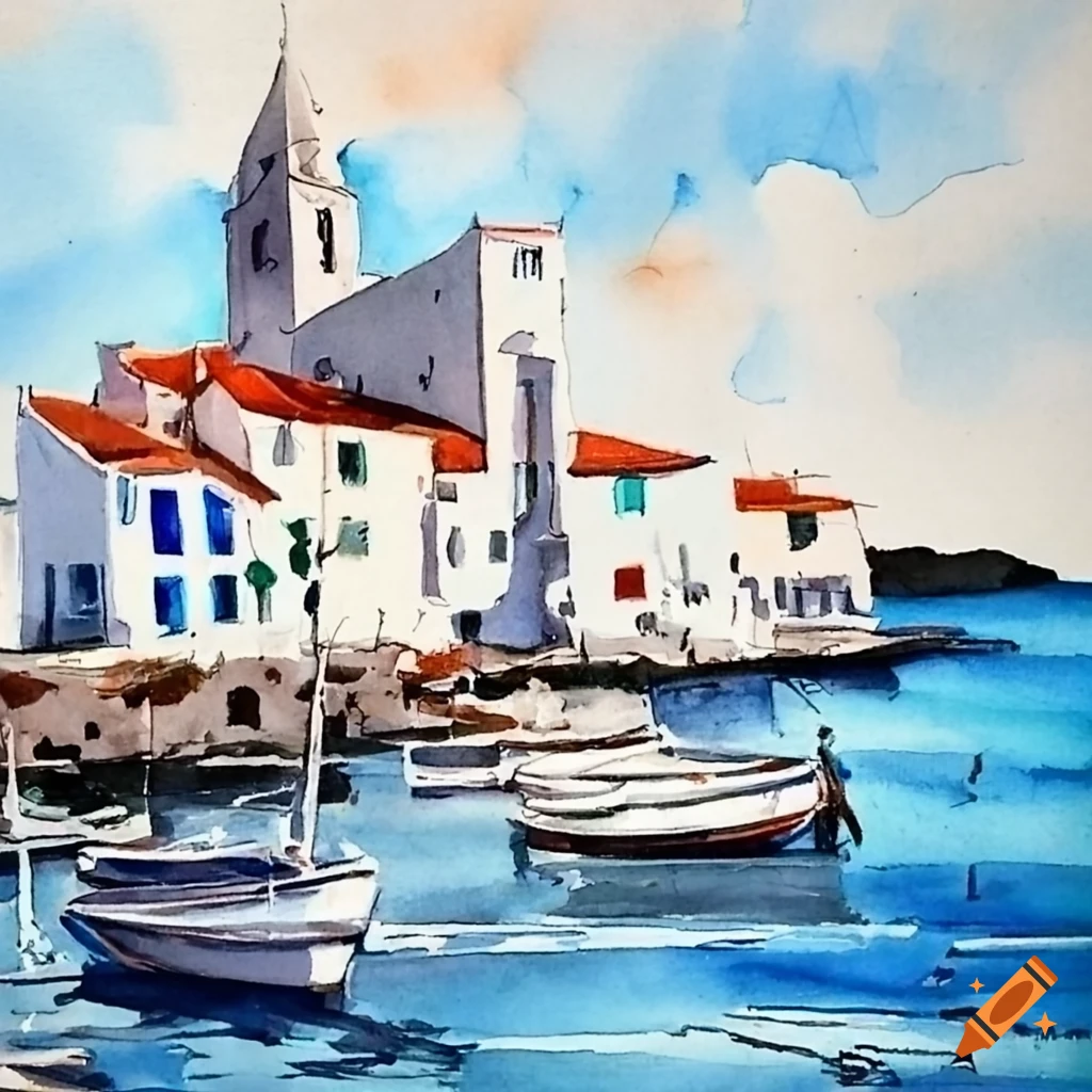 Watercolor painting of Cadaques village on Craiyon