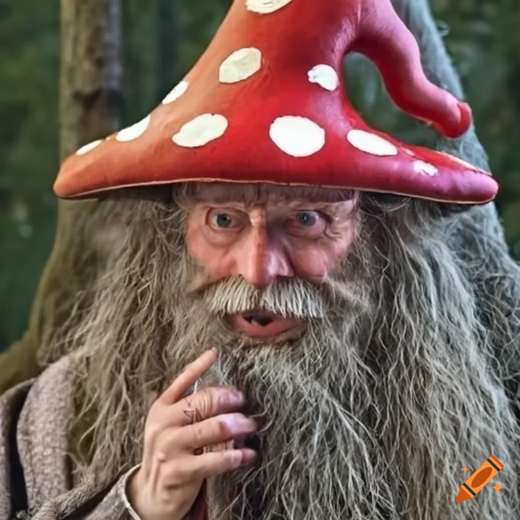 Illustration of a wizard wearing a mushroom hat on Craiyon