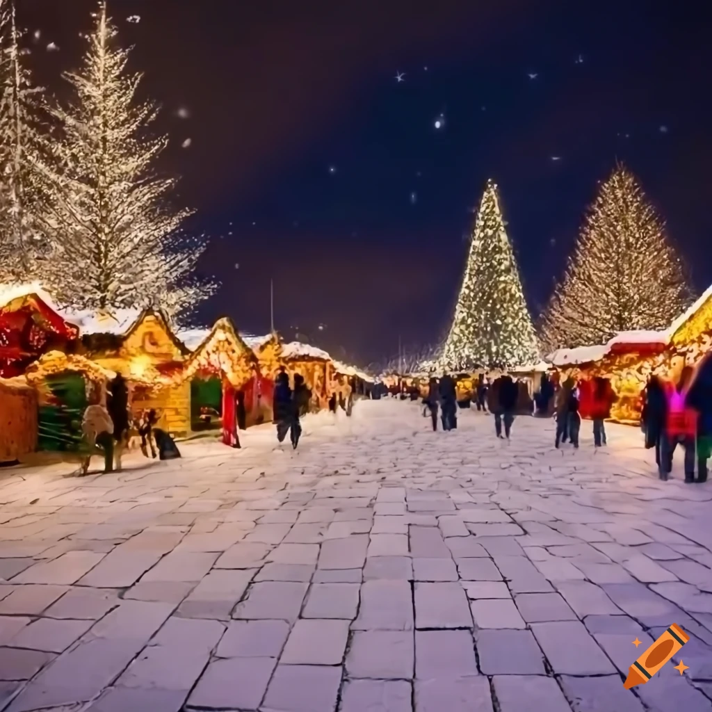 Snowy christmas market with lighting and trees in the background on Craiyon