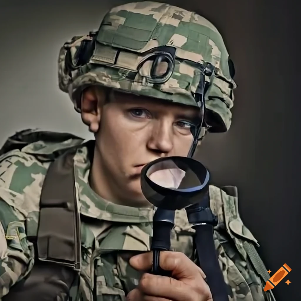 Us army soldier with a magnifying glass